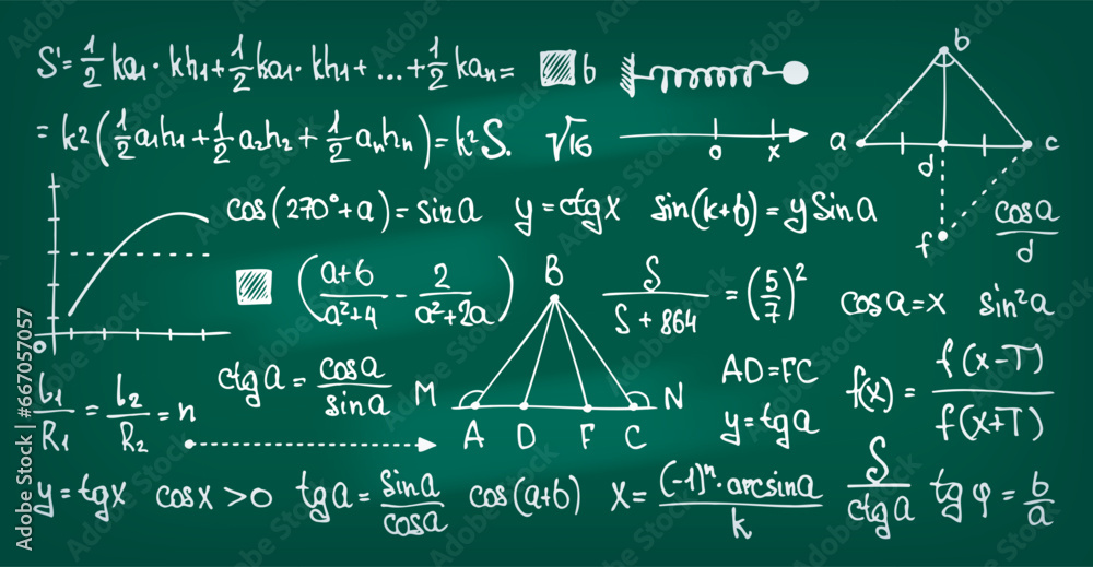 Math symbols on chalkboard. Hand drawn blackboard with mathematical ...