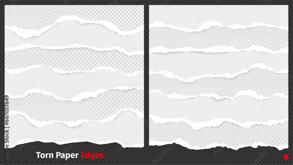 Ripped paper edges. Damaged scrap tattered paper, torn sheet borders ...