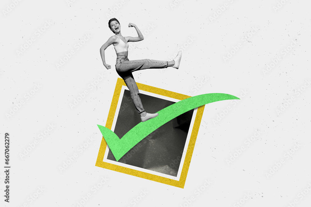 Collage photo picture illustration huge check mark tick completed her ...