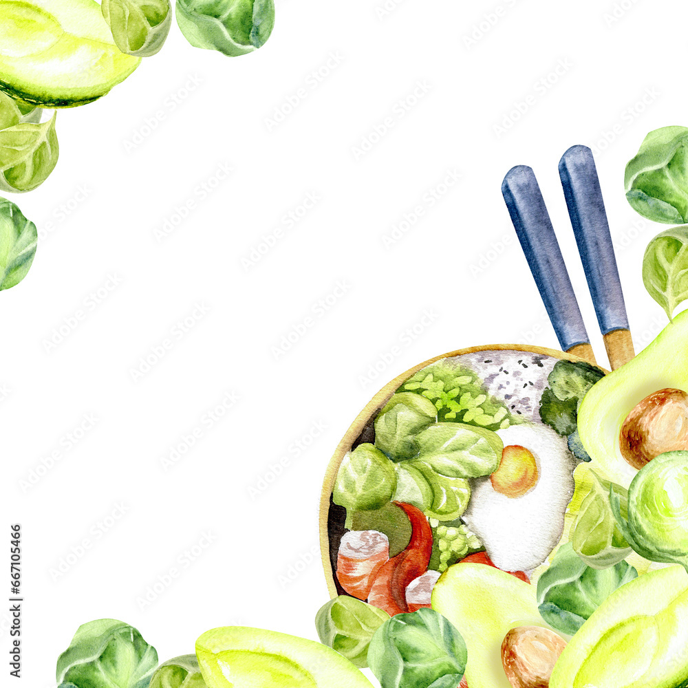 Watercolor asian traditonal meal poke with chopsticks and vegetables ...