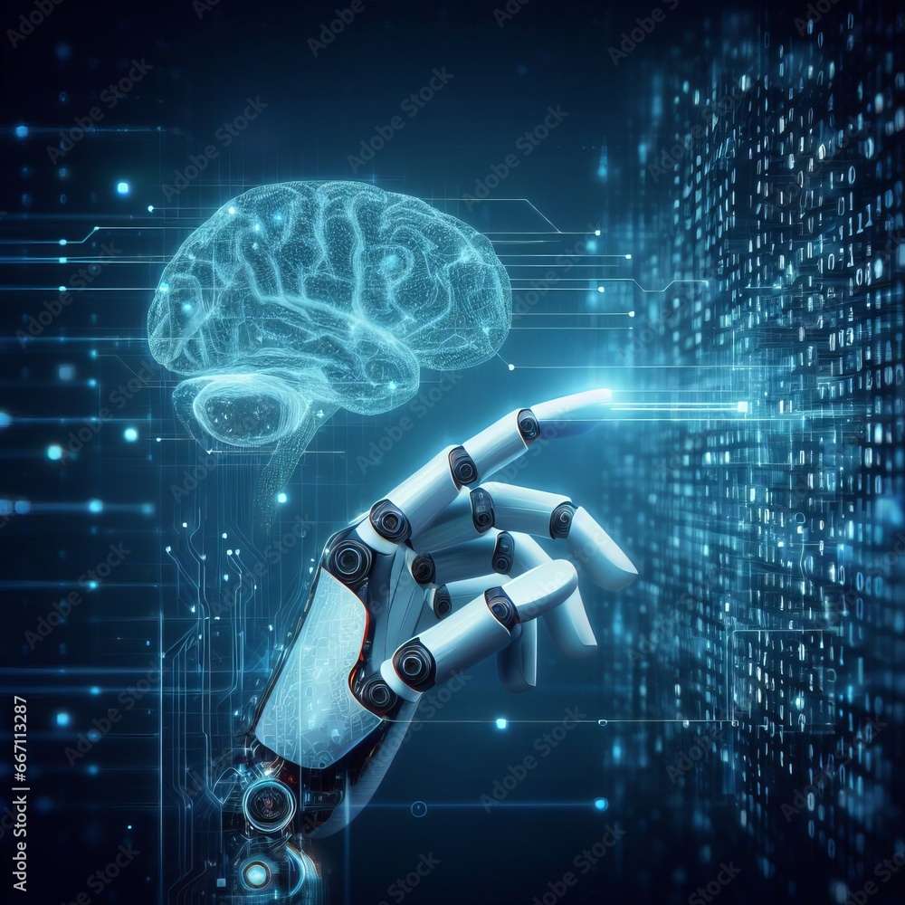 Binary data interaction with a robotic hand. The future of artificial intelligence (AI). deep ...