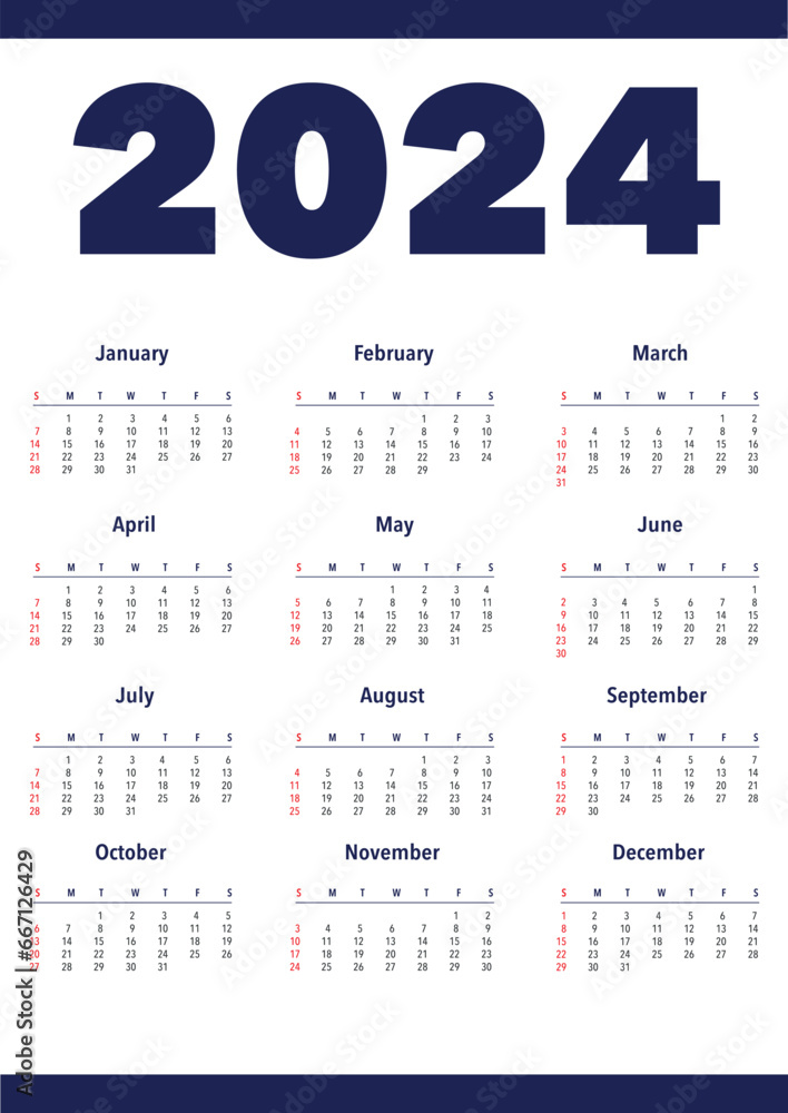 Simple 2024 year calendar. Week starts on Sunday.Wall calender template ...