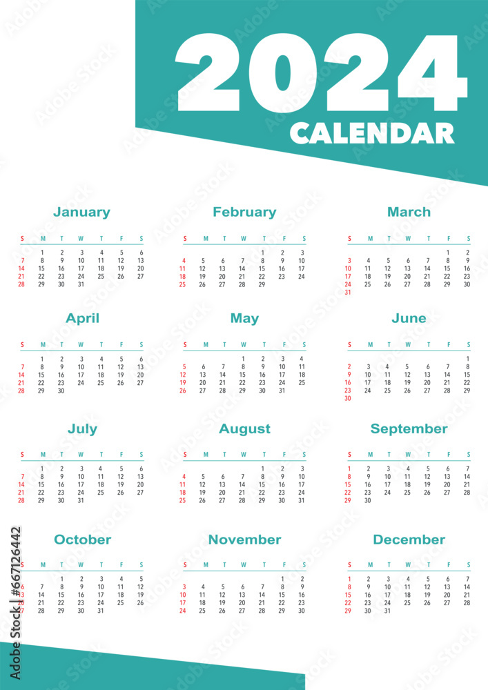 2024 year calendar in minimalistic style. Week starts on Sunday. Simple ...