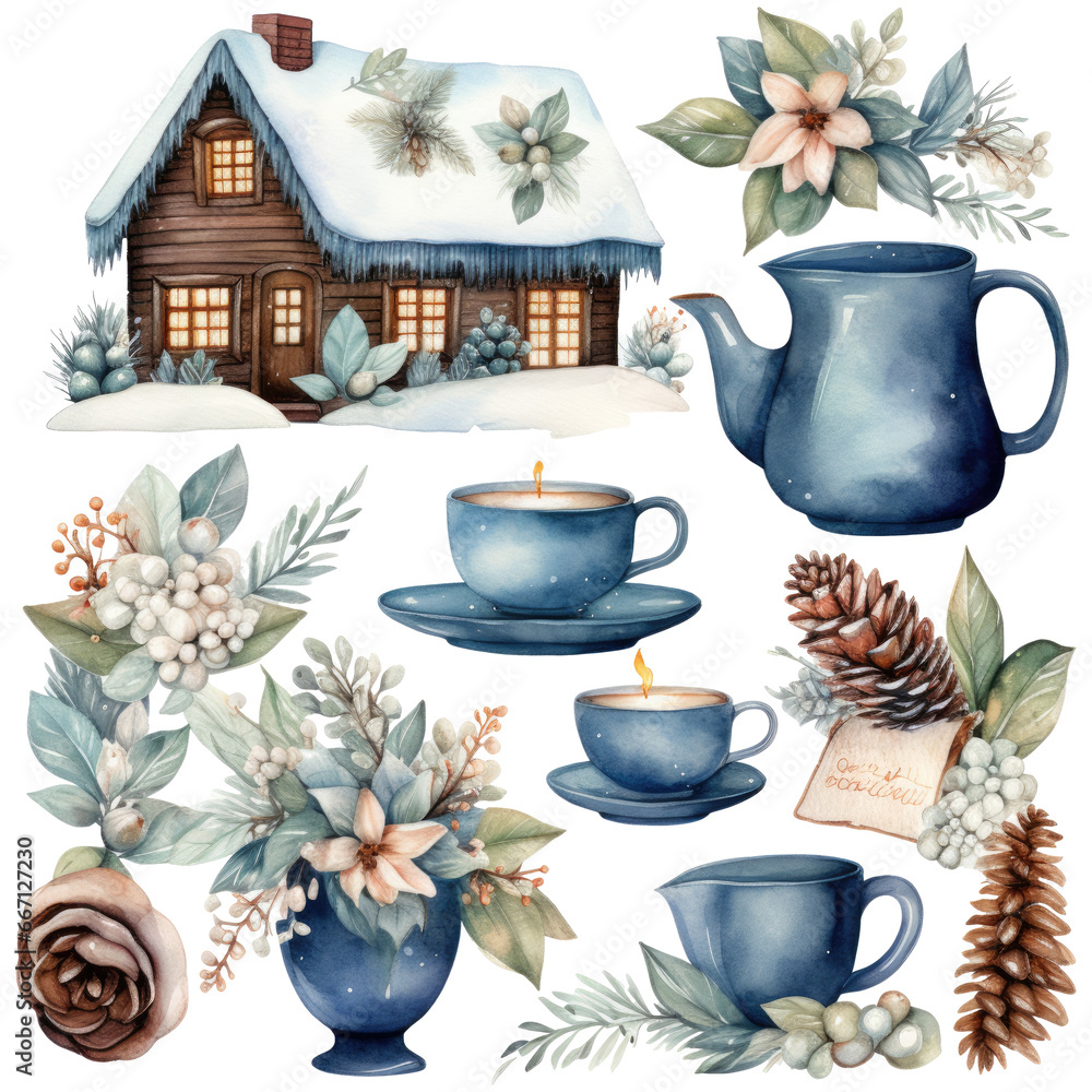 Set of cozy winter watercolor clipart, christmas illustration, isolated ...