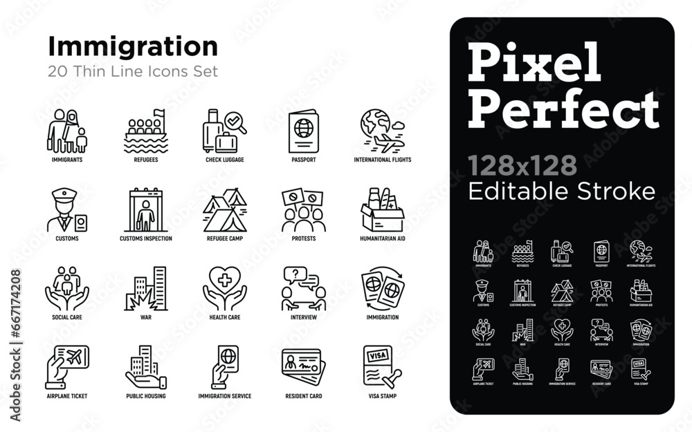 Immigration thin line icons set: immigrants, illegals, baggage ...