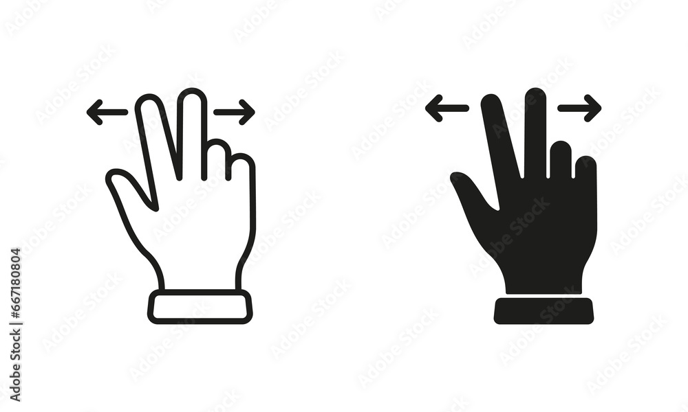 Zoom Gesture, Hand Finger Swipe Right and Left Line and Silhouette Icon ...