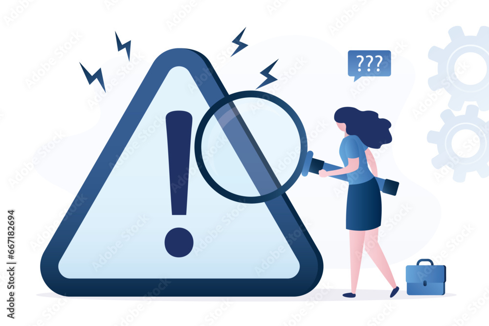 Businesswoman uses magnifying glass and investigate incident. Giant ...