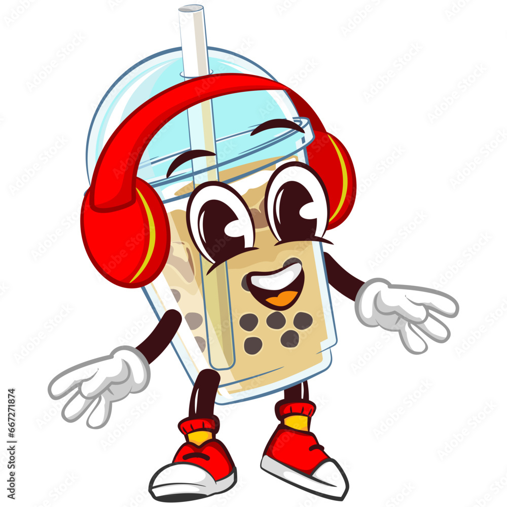 character mascot of a glass of boba ice with a funny face wearing a ...