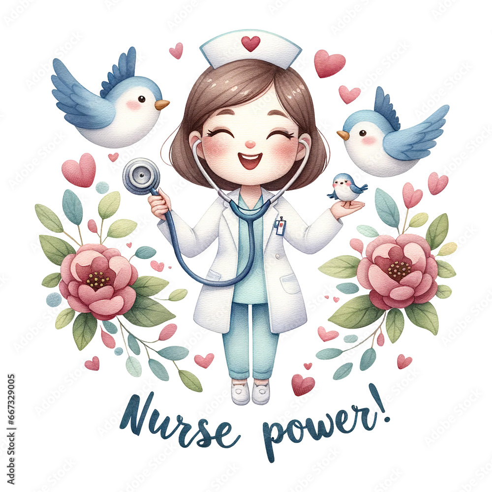 Cheerful cartoon nurse with stethoscope, surrounded by heart symbols ...