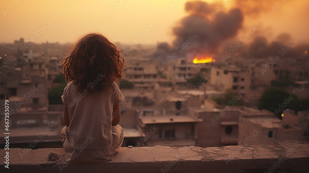 Young middle eastern girl looking on in silent shock at the devastation ...