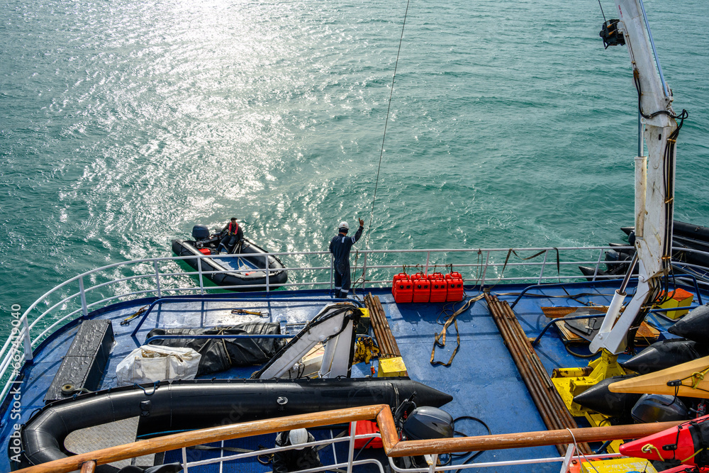 Cruise ship in the Arctic launching a rigid hull inflatable boat for ...
