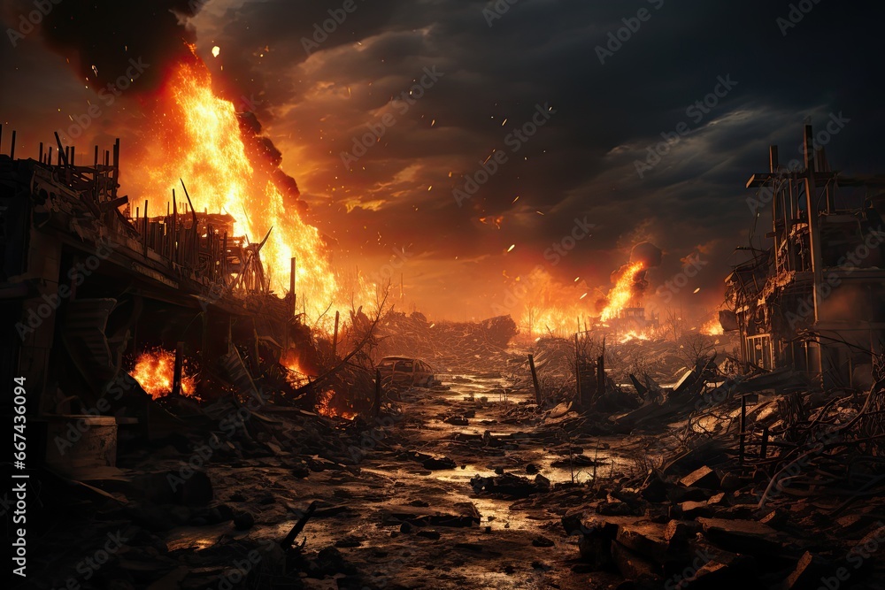 rockets, bombed buildings conflict War fire and destruction Stock ...