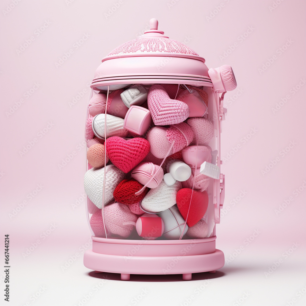 Vintage futuristic Claw machine fill with random size of knitting heart ...
