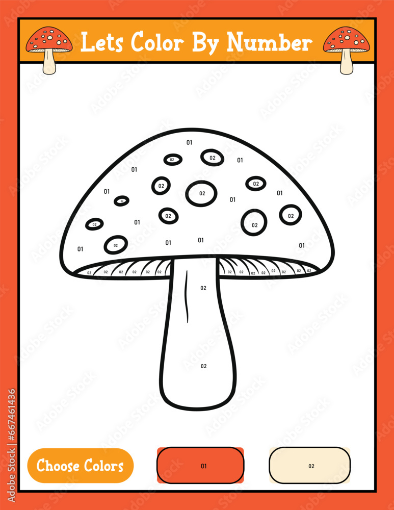 Color by number coloring page printable activity With Cute Mushroom ...
