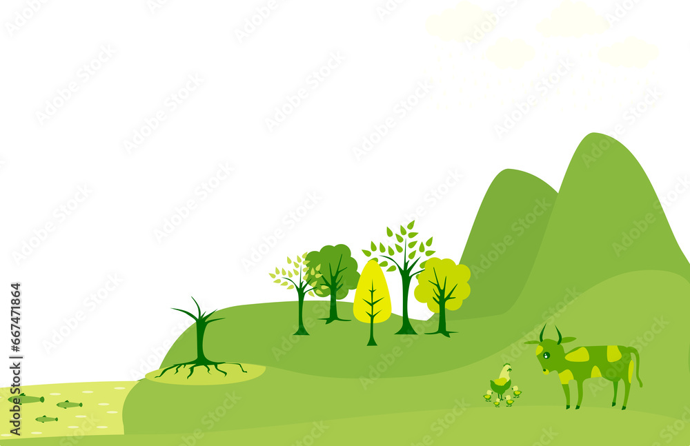 Green concept borders with mountains, trees water bodies and animals to ...