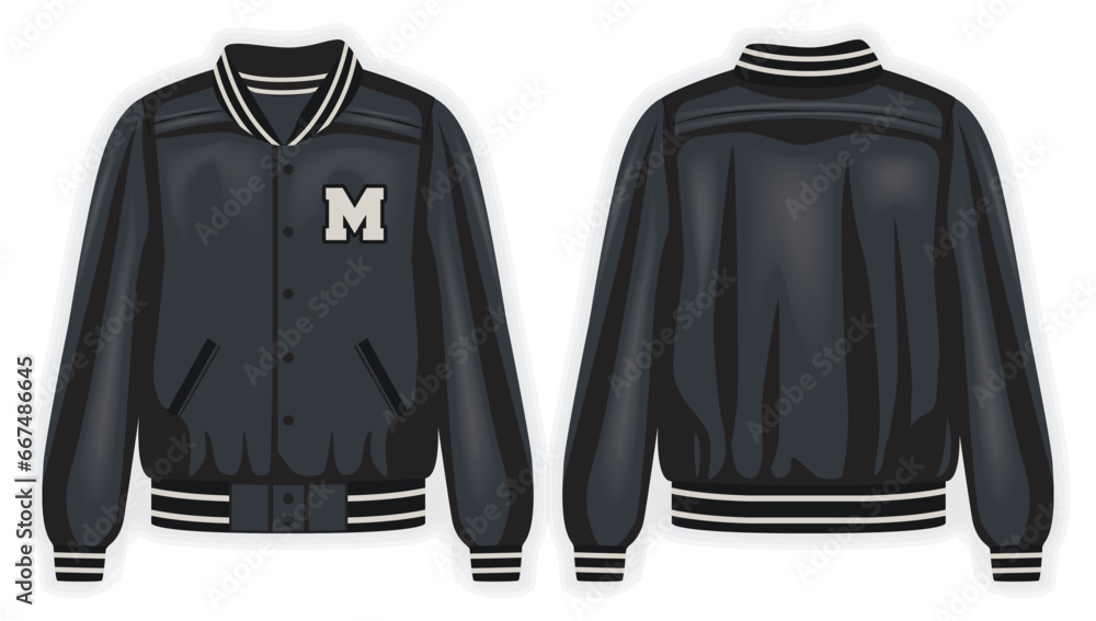 Black varsity jacket front and back view, vector mockup illustration ...