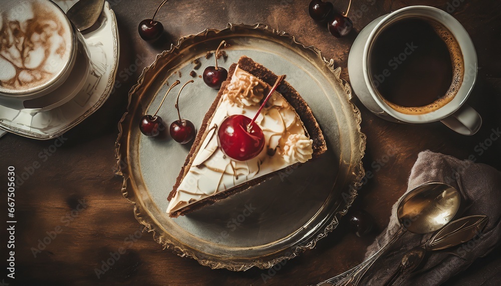 piece of torte, one cherry on top, cop of coffee, food photography, top ...