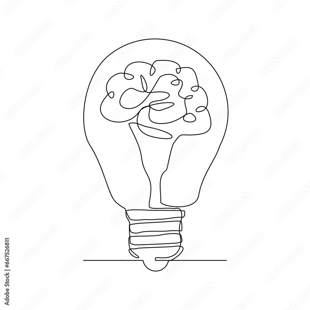 Continuous single line sketch drawing of light bulb lamp and brain ...