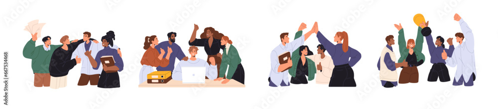 Coworkers congratulate team set. Diverse business groups celebrate ...