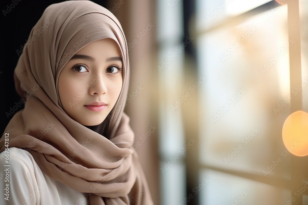 Generative AI : Portrait of 30s beautiful Muslim girl wearing hijab Stock Photo | Adobe Stock