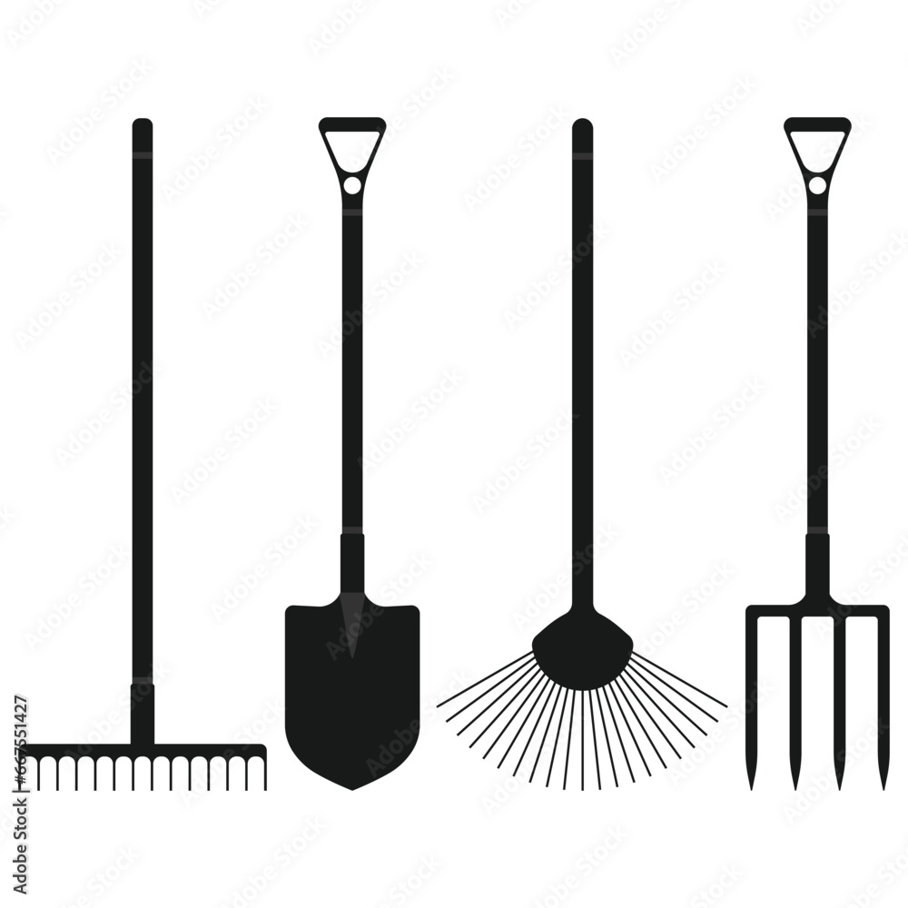 Shovel or spade, rake and pitchfork icons isolated on white background ...