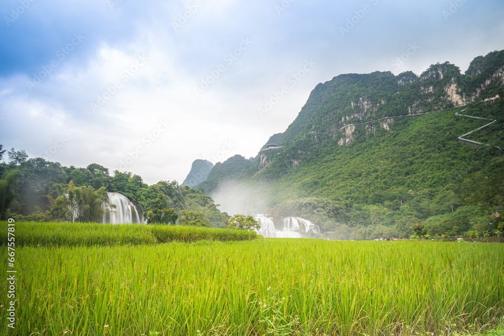 view of Detian or Ban Gioc waterfall, Cao Bang, Vietnam. Ban Gioc ...