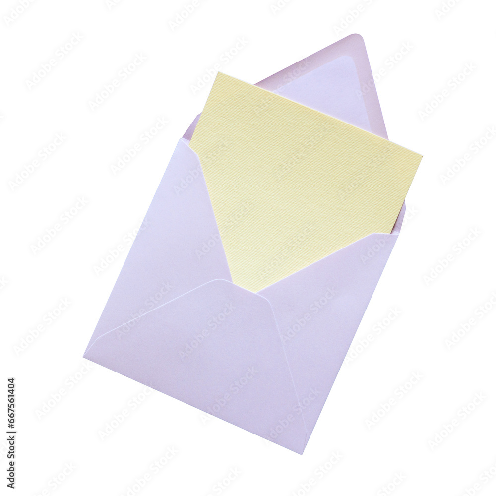 One open envelope in pastel colors. Letter top view. Blank card with ...