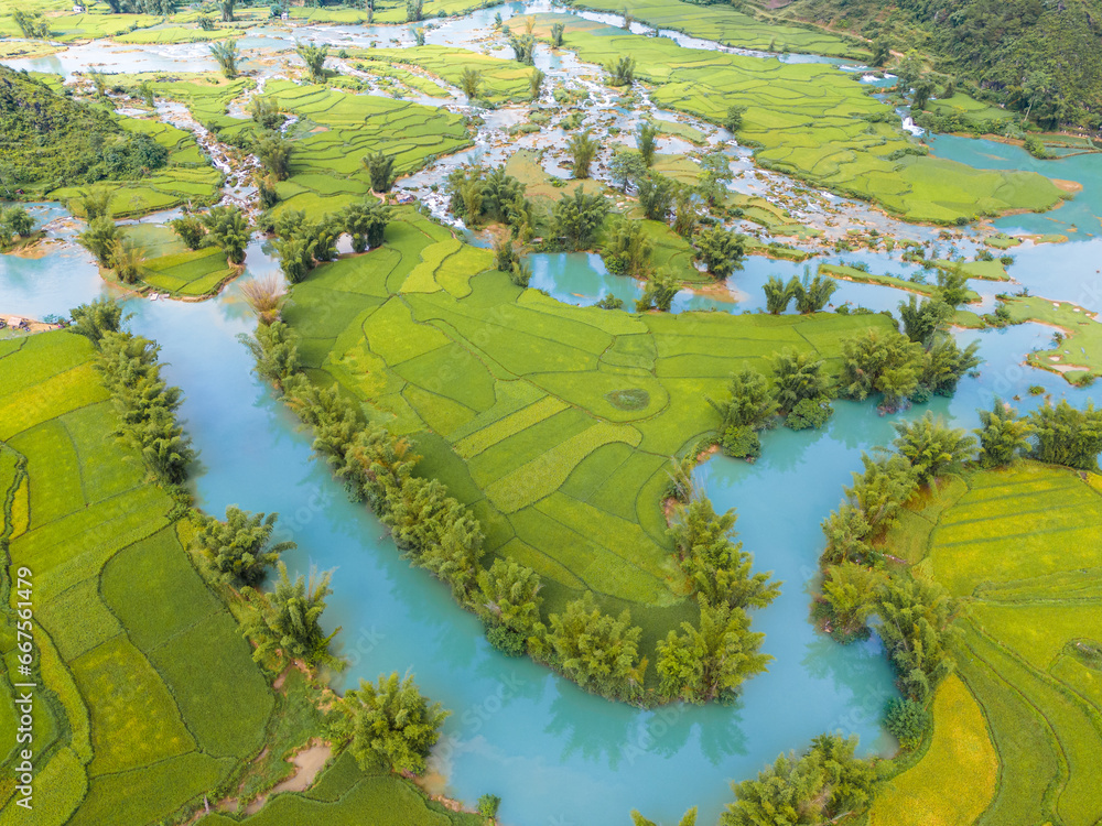 Aerial landscape in Quay Son river, Trung Khanh, Cao Bang, Vietnam with ...