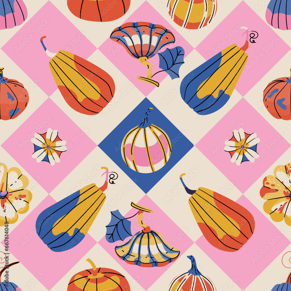 Autumn pumpkins with pink and blue diagonal gingham seamless pattern ...
