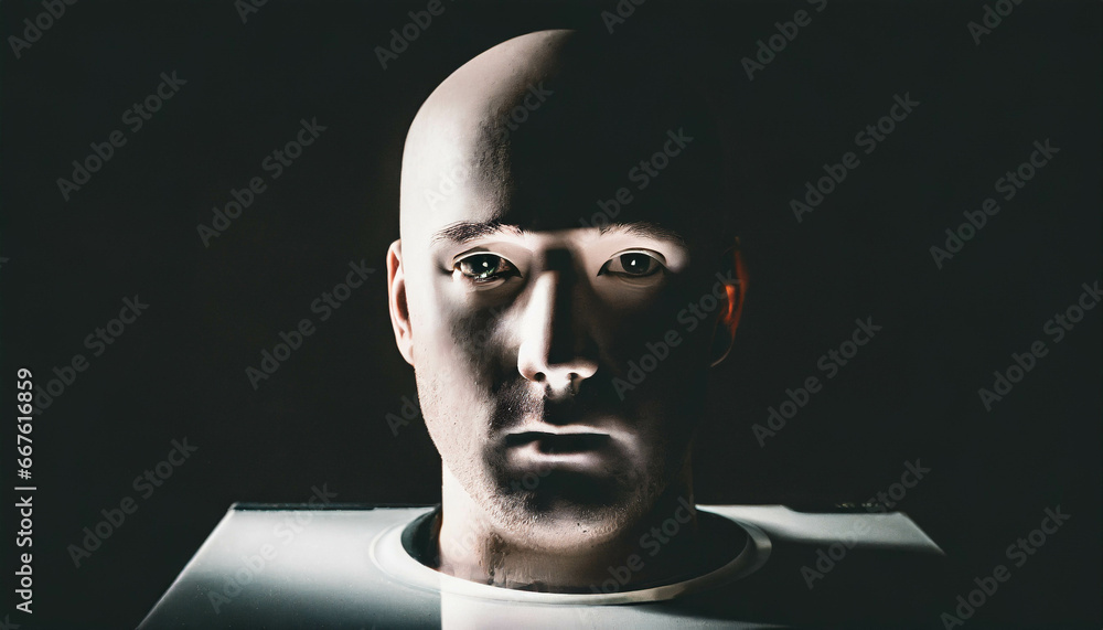 Retro-futuristic scifi animatronic bald ai humanoid male robot head ...