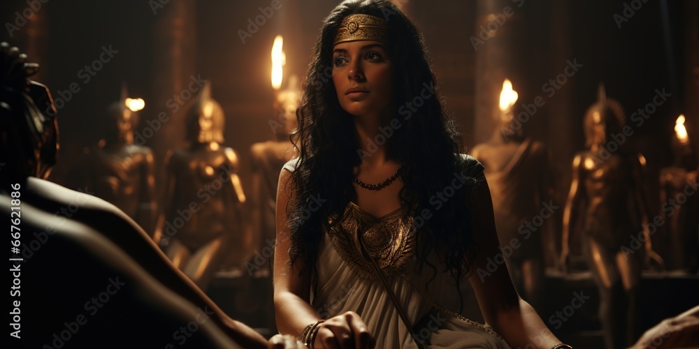 Cleopatra, seated on her golden throne, in a grand hall of her palace ...