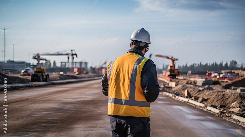 Experienced civil engineer overseeing road construction progress at ...