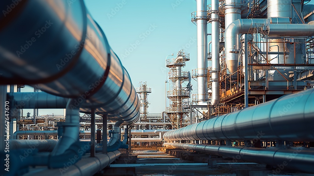 Close-up of pipeline and pipe rack in industrial plant for petroleum ...