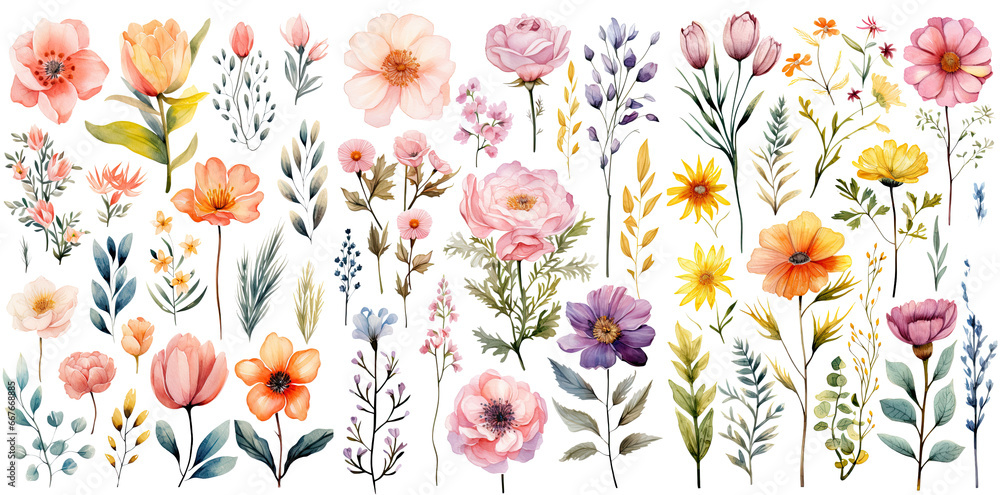Set of beautiful Spring Flowers Clip Art ,Watercolor collection of hand ...