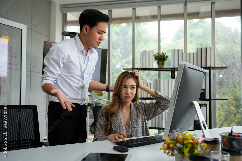 Stressed of female employee and offensive faces that the boss yells ...