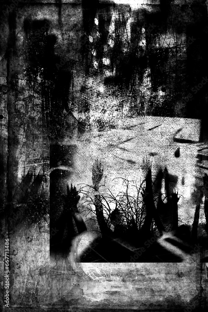 Silhouettes of Ghost Zombie hands over graves. Grunge rough texture ...