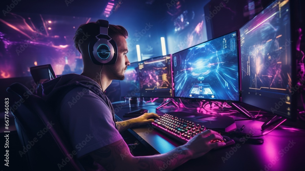 smiling gamer finishing mission in game at gaming room.Professional ...