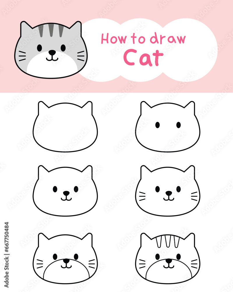 How to draw cute grey cat cartoon step by step for learning, kid ...