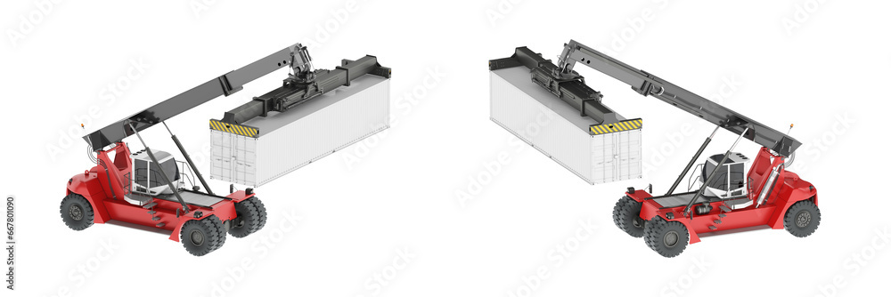 The red reach stacker (loader) lifts and loads a white sea container ...