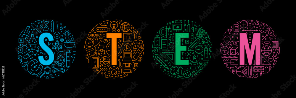 stem and stem symbols in circles. stem training concept. technical ...