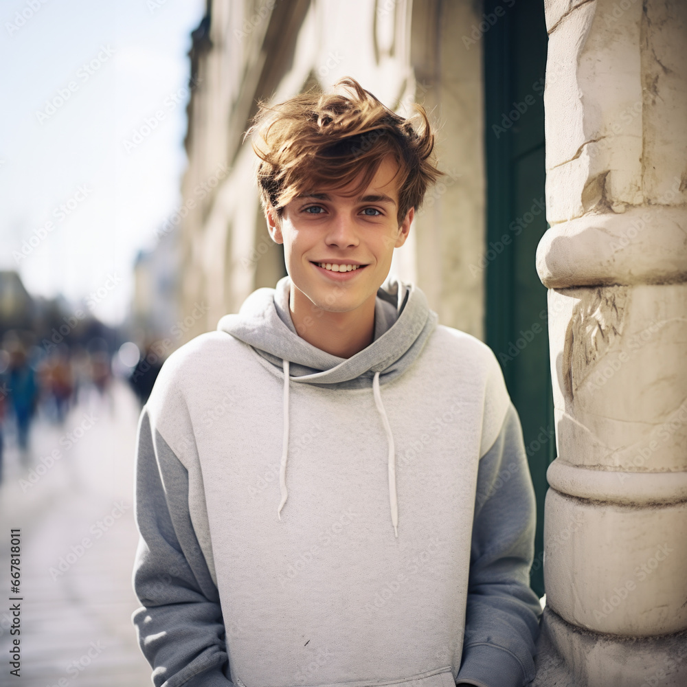 jeune garçon brun cheveux court souriant pris en photo dans la rue en ...