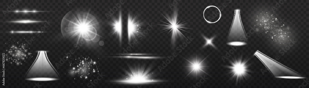 Light effect set. Glow isolated white transparent light effect set, lens flare, explosion ...