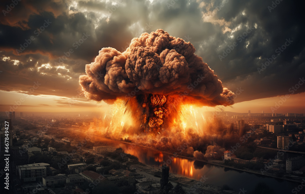 Explosion of nuclear bomb in the city. end of world illustration ...