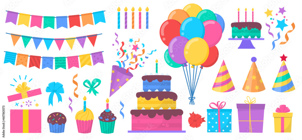 Cartoon Birthday Party Elements Set. Vector Illustration for Festive ...
