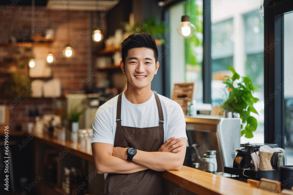 Young Asian male coffee shop owner standing behind counter, young ...