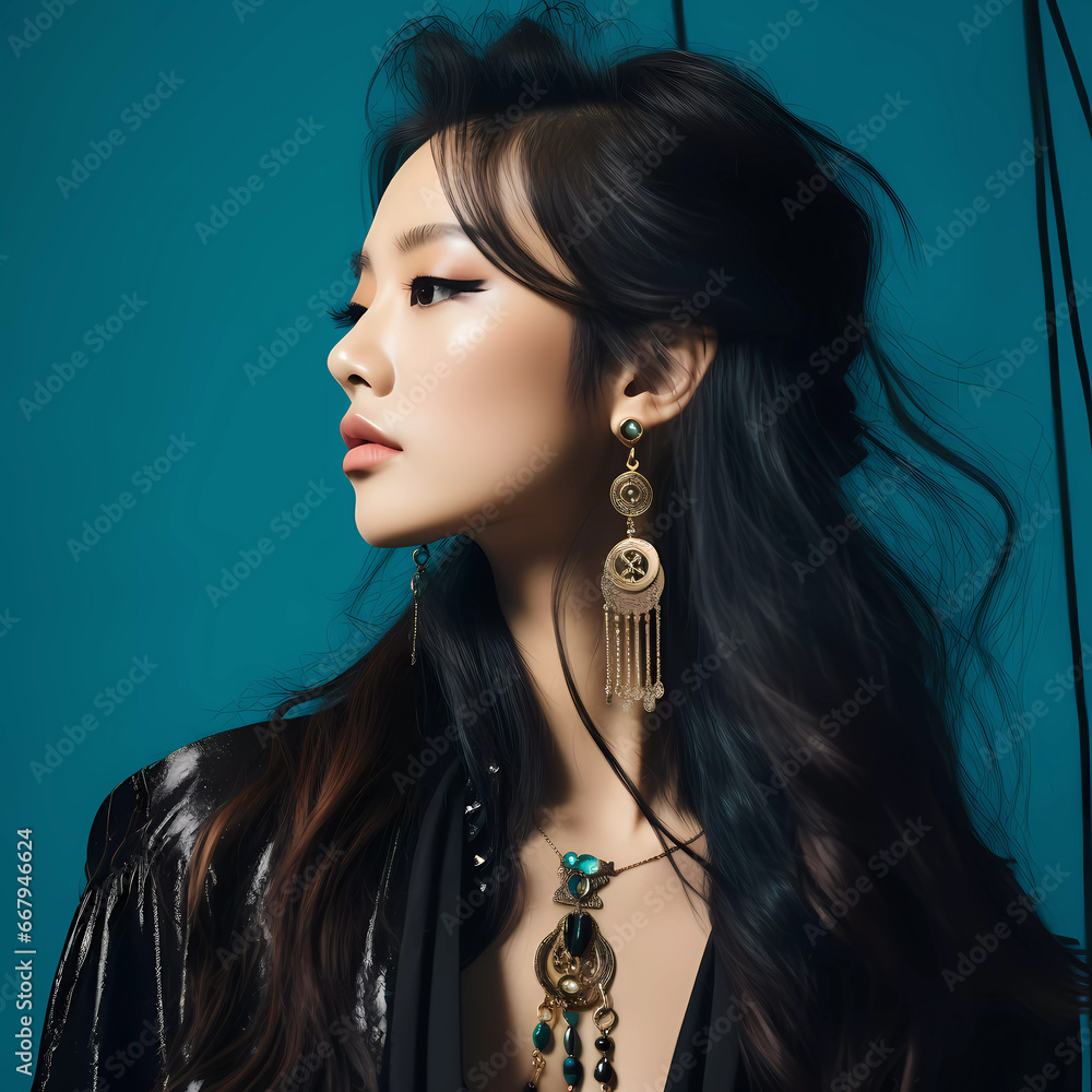 photograph of beautiful female korean model with long hair and some ...