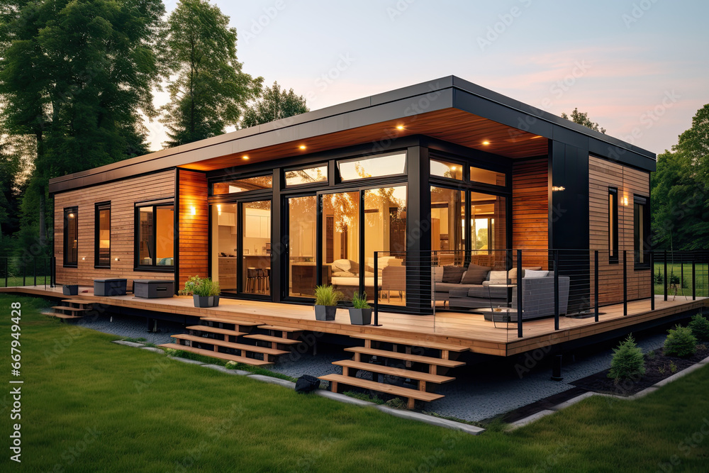 Modular wooden house on wheels with flat roof with solar pannel and big ...
