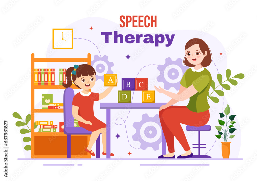 Speech Therapy Vector Illustration with Kids Training Basic Language ...