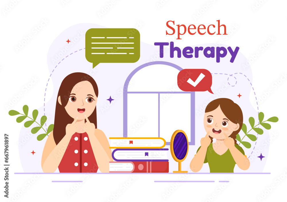 Speech Therapy Vector Illustration with Kids Training Basic Language Skills and Articulation ...