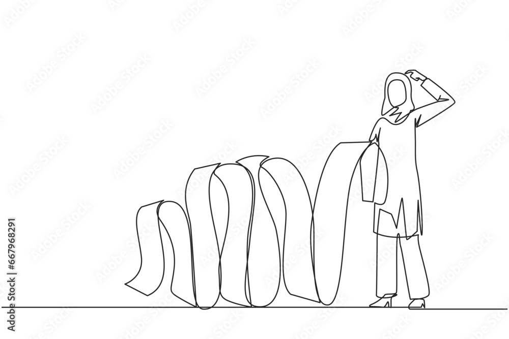 Single one line drawing Arabian businesswoman holding a long billing ...